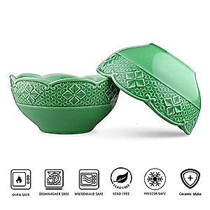 STAR MOON Set of 2 Large Ceramic Soup Bowls - Elegant and Durable 19 Oz Emerald Green Bowls for Serving, Cereal, Soup, and More - Microwave and Dishwasher Safe - Four-Leaf Clover Collection