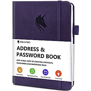 DRAPHY Address Book with Alphabetical Tabs, Elegant PU Leather Telephone Book, Hardcover Address Organizer and Password Keeper - Record Contacts, Anniversaries, Birthdays 5.2x7.7" (Purple)