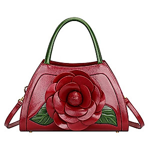 PIJUSHI Designer Floral Handbags for Women Genuine Leather Top Handle Satchel Handbags(66312 Red)