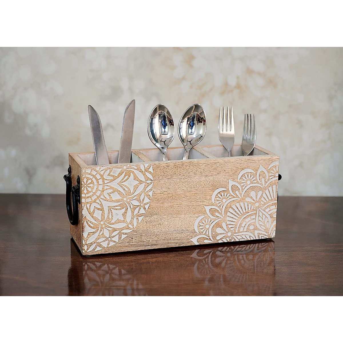 Eximious India Bathroom Decor Wooden 3 Compartment Silverware Holder Utensil and Cutlery Caddy Makeup Organizer for Parties Countertop for Spoon Fork and Knife Basket 10 x 4.5 x 5 Inches (MI03)