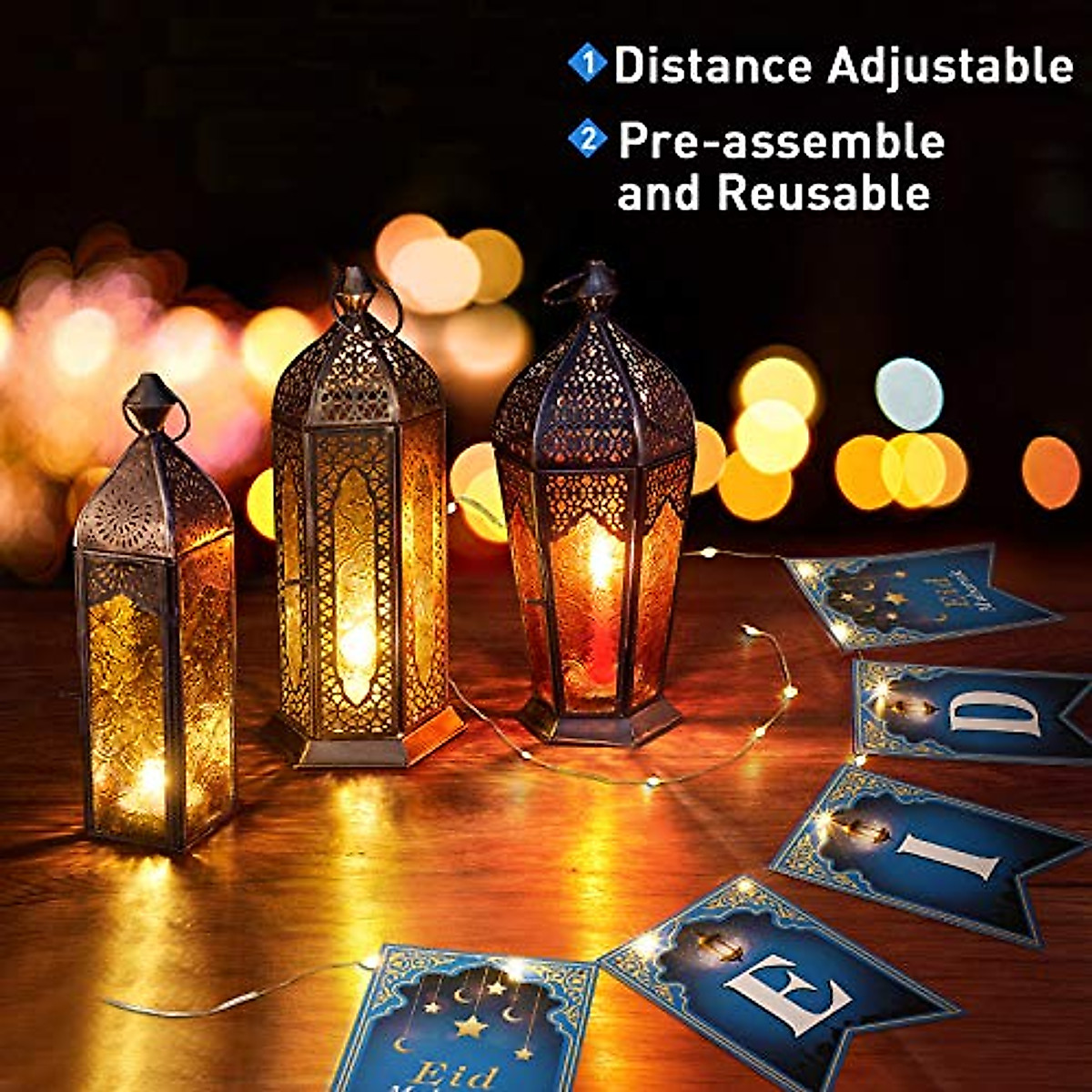 Eid Mubarak Paper Banner Eid Mubarak Bunting Banner with Led Fairy String Light 3 Flicker Modes, Eid Celebration Hanging Garland Decoration for Muslim Ramadan Party Supplies, No DIY Required (Blue)