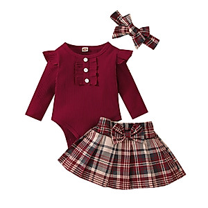Sasaerucure Infant Toddler Baby Girl Fall Winter Outfits Long Sleeve Romper Knitted Bodysuit with Plaid Skirt 2Pcs Christmas Outfits (Wine Red, 6-9 Months)