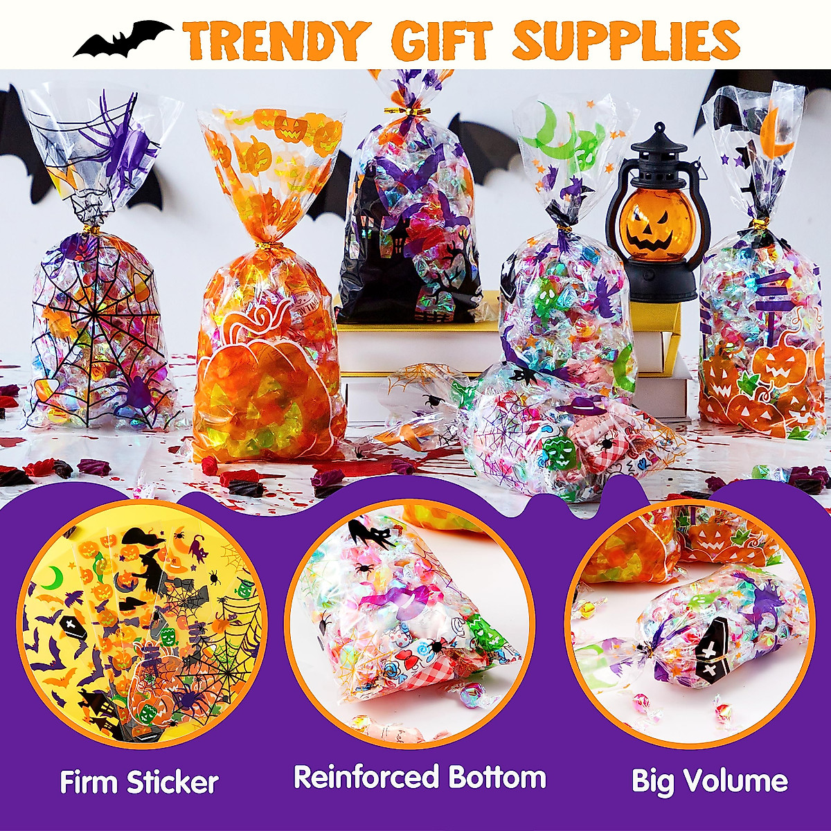 JOYIN 150 PCS Halloween Cellophane Candy Bags Clear Treat Bags with Twist Ties, Trick or Treating Bags, Halloween Goodie Bags Non Candy Cookie Bags for Kids Halloween Party Favors Supplies