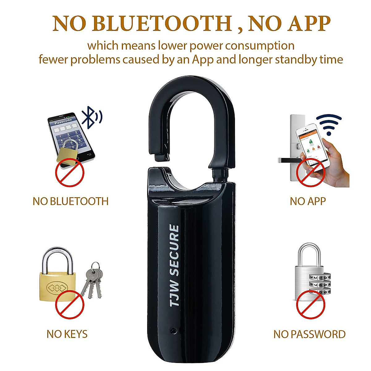 Fingerprint Padlock, Mini Black Padlock Fingerprint Lock, Long Standby Time USB Charge Keyless Padlock for Gym School Locker, House Door, Travel Luggage, Backpack