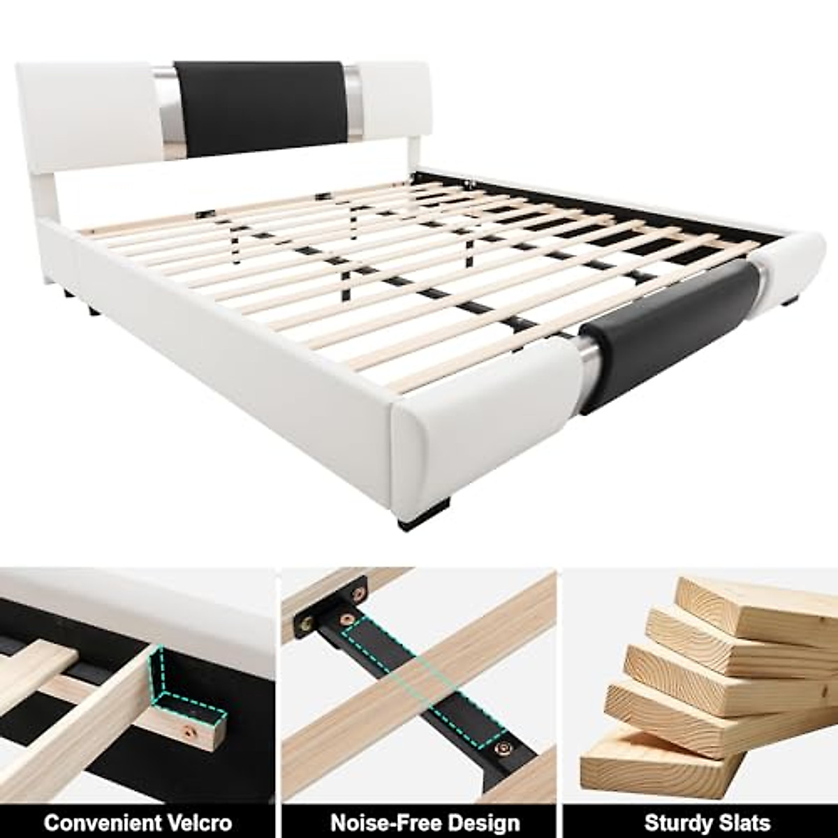 Kallabe Full Modern Faux Leather Upholstered Bed Frame with Adjustable Headboard, LED Lights，Low Profile Platform Bed with Iron Piece Decor，Wooden Slats Support, No Box Spring Needed, White & Black