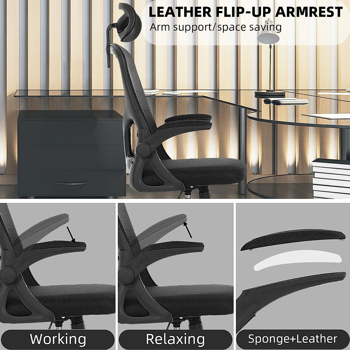 Ergonomic Mesh Office Chair Swivel Computer Desk Chair Home Office Seat Headrest, Black