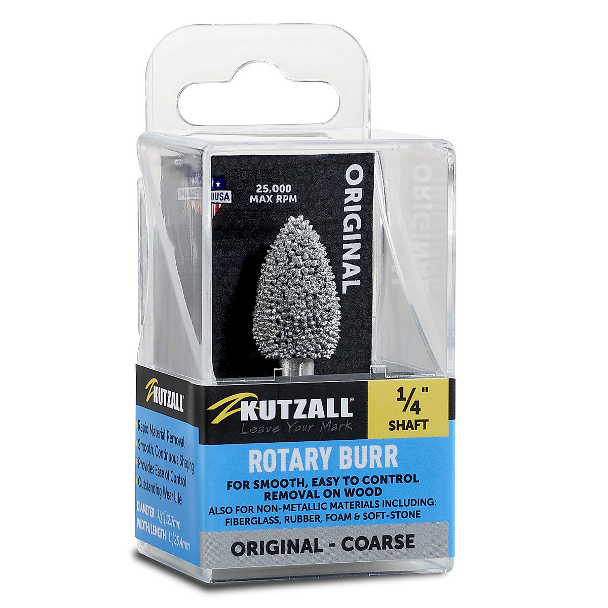 Kutzall Original Flame Rotary Burr, 1⁄4" Shaft, Coarse - Woodworking Attachment for Bosch, DeWalt, Milwaukee, Makita. Abrasive Tungsten Carbide, 1⁄2" (12.7mm) Dia. x 1" (25.4mm) Length, FL-12