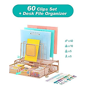 Beiz Rose Gold Desk Organizer and Accessories Storage with 5 Stacking File Folder Sorter, Paper Tray, Drawer, 60 Colorful Clips Set (Included), Desktop Organization for Women Office