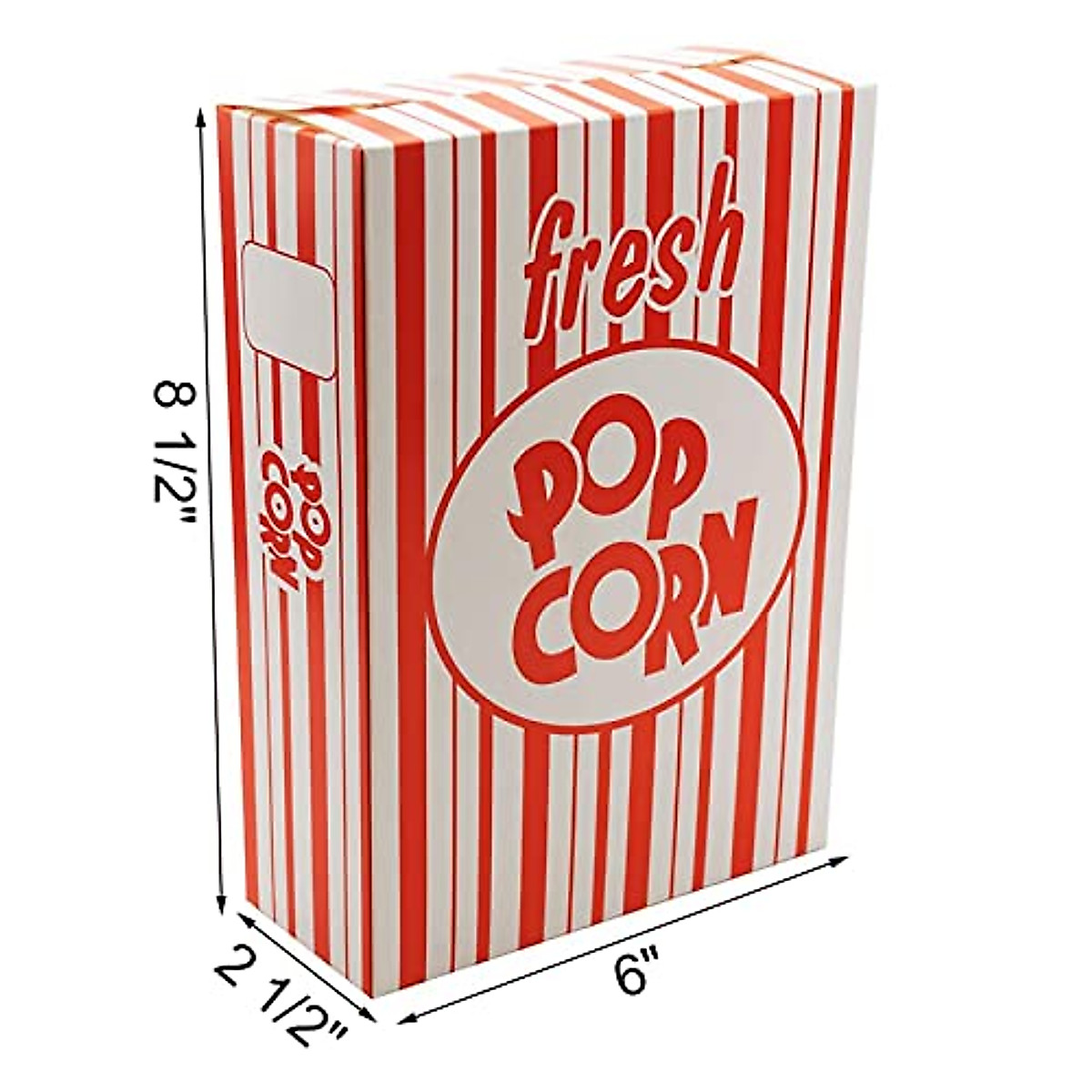Fasmov 100 Pack Paper Popcorn Boxes, 6" L x 2 1/2" W x 8 1/2"H Close Top Movie Theater Popcorn Boxes, Popcorn Containers for Movie Party and Theater Night (Red and White Stripes)
