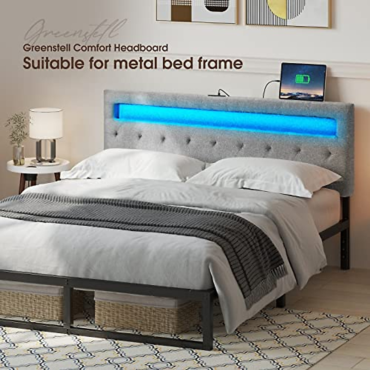 Stylish Gray Headboard with LED & USB Charging