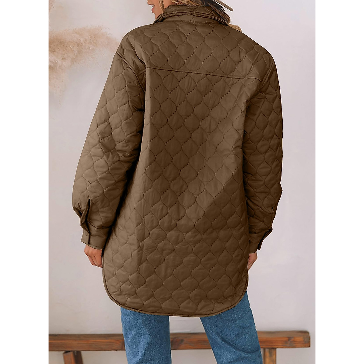 EVALESS Diamond Quilted Jackets for Women Lightweight Collar Long Sleeve Button Down Puffer Jacket Fall 2024 Coat Outerwear with Pockets Brown Medium