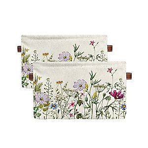 Qumstemily Spring Floral Storage Bins for Shelves, Colorful Herbs Wild Flowers Decorative Basket for Storage, Vintage Collapsible Closet Organizers with Handle, Yarn Basket Storage Box Cubes - 2 Pack
