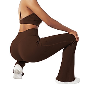 SUUKSESS Women Ribbed Seamless Tummy Control Flare Leggings Bootcut High Waist Workout Yoga Pants 31'' (Dark Brown,S)