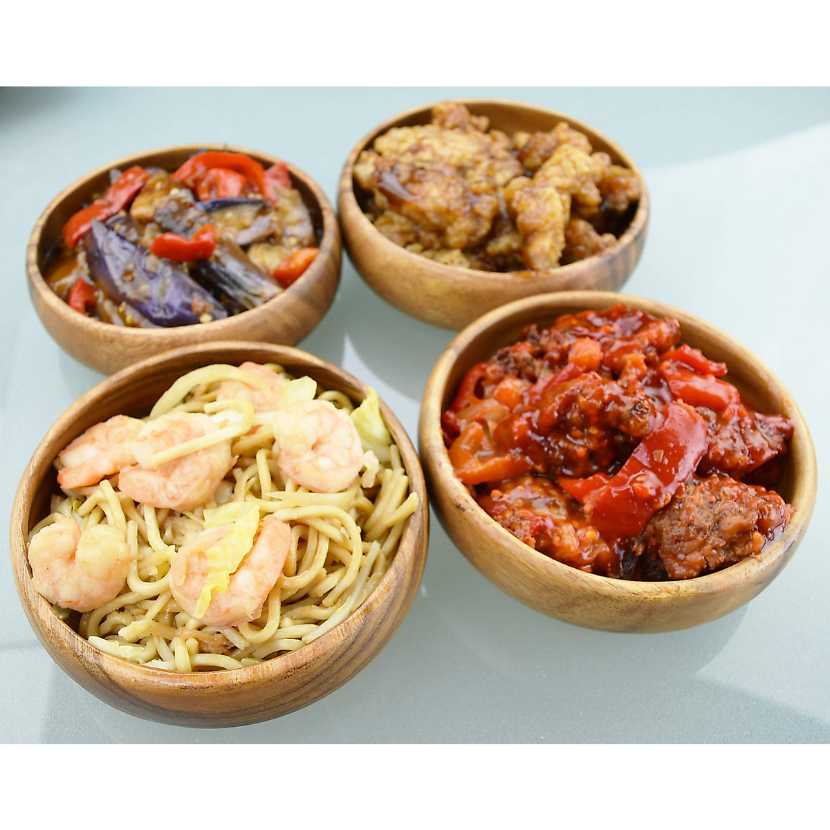 PACIFIC MERCHANTS Acaciaware Round Calabash Salad Bowls, 6-Inch by 2-inch Set of 4, Nut Bowl, Soup Bowl, Hand Turned From One Piece Of Wood, Eco-Friendly, Sustainably Harvested