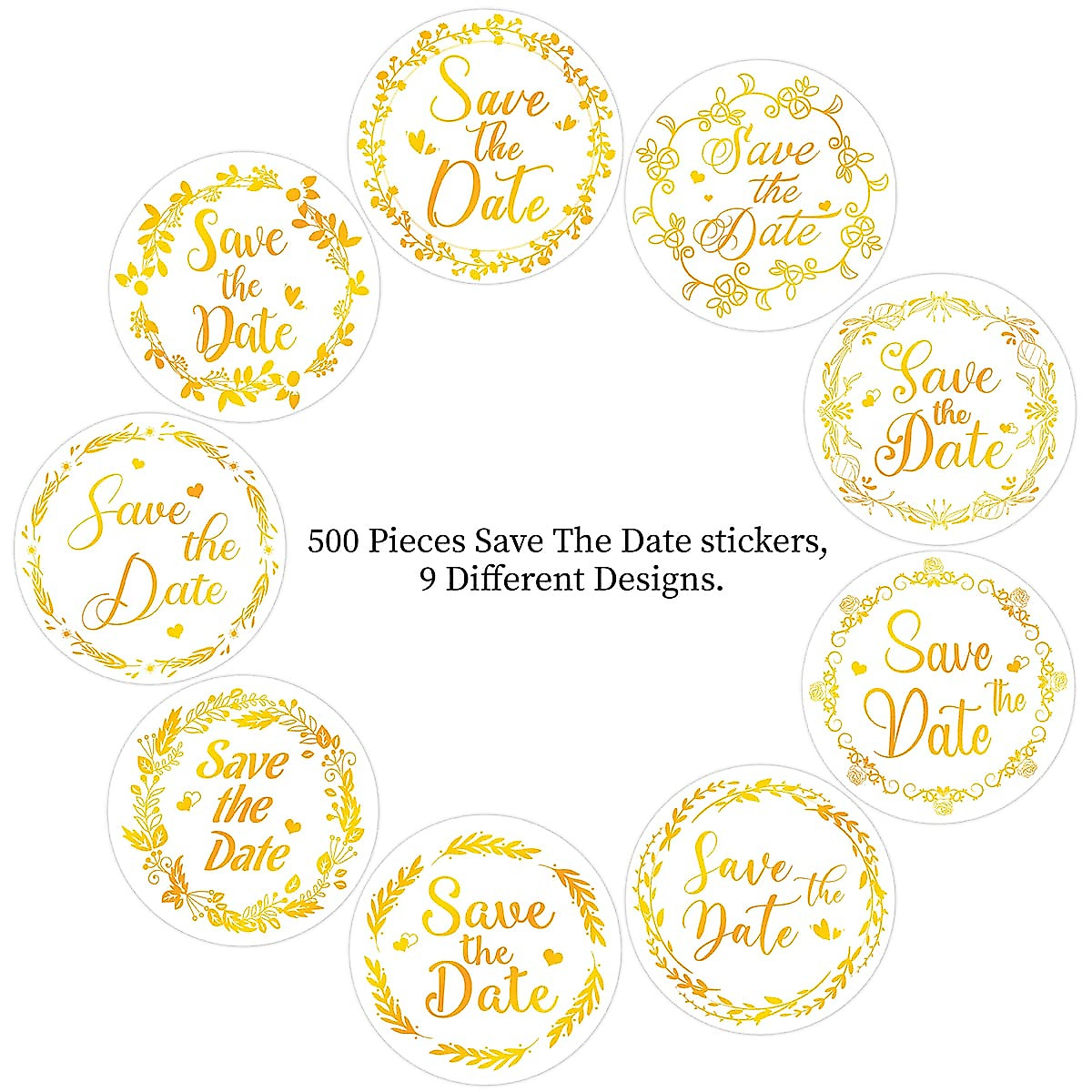 Save The Date Stickers Labels 500 Pieces Per Roll Real Gold Foil Embossed Envelope Stickers for Birthday Wedding Baby Shower Party Invitation 1.5 Inch