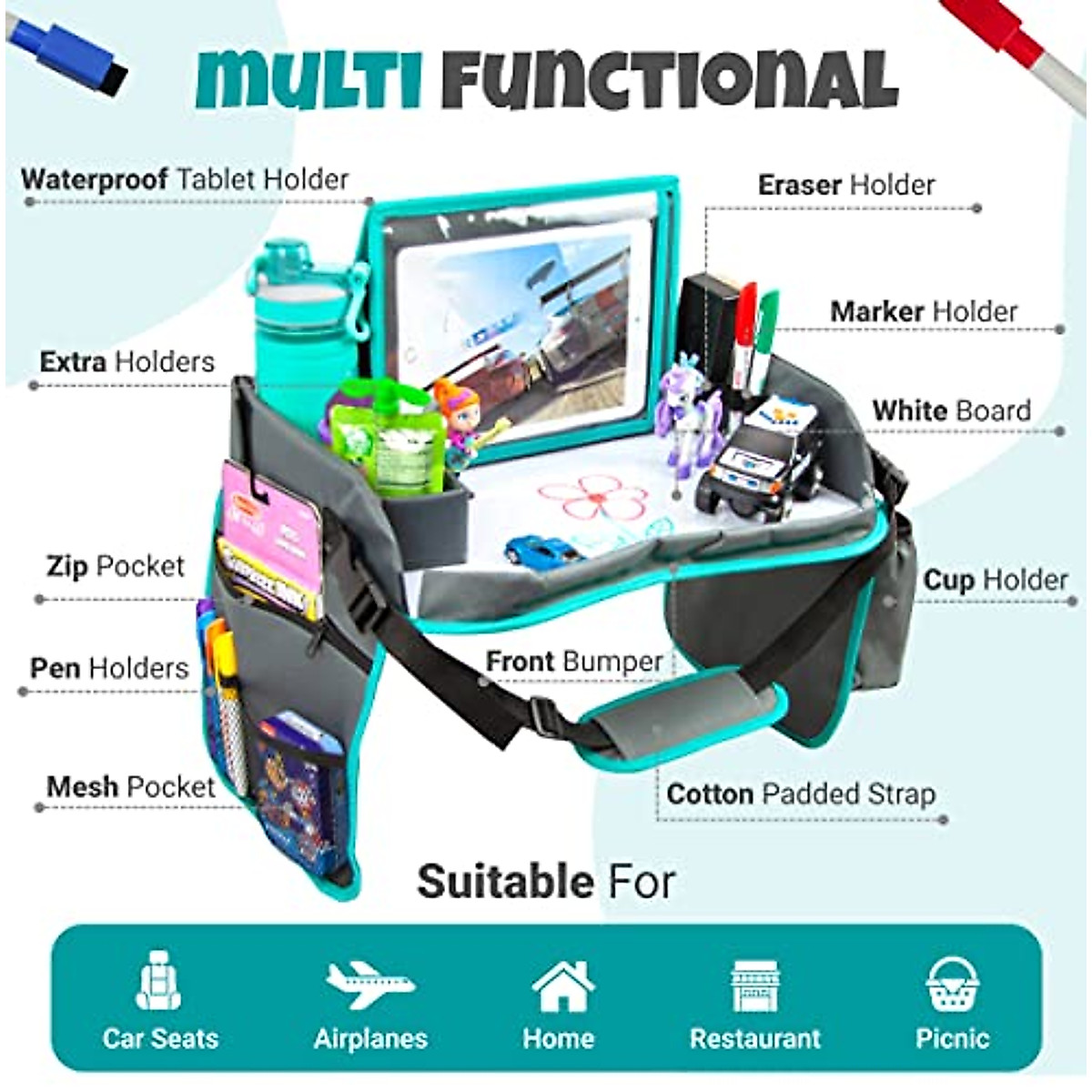 Kids Travel Tray with Dry Erase Board, Car Seat Tray for Food & Play Activity, Carseat Table Trays for Toddler, Kid Activity Desk for Air Travel, No-Drop Tablet Holder & Borders (Grey with Blue Frame)