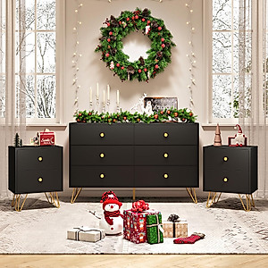 Tradare 6 Drawer Dresser and Night Stand Sets for Bedroom, Two Drawers Nightstand Set of 2 & 6 Drawer Dresser with Gold Handle, Modern Black and Gold Dresser Set