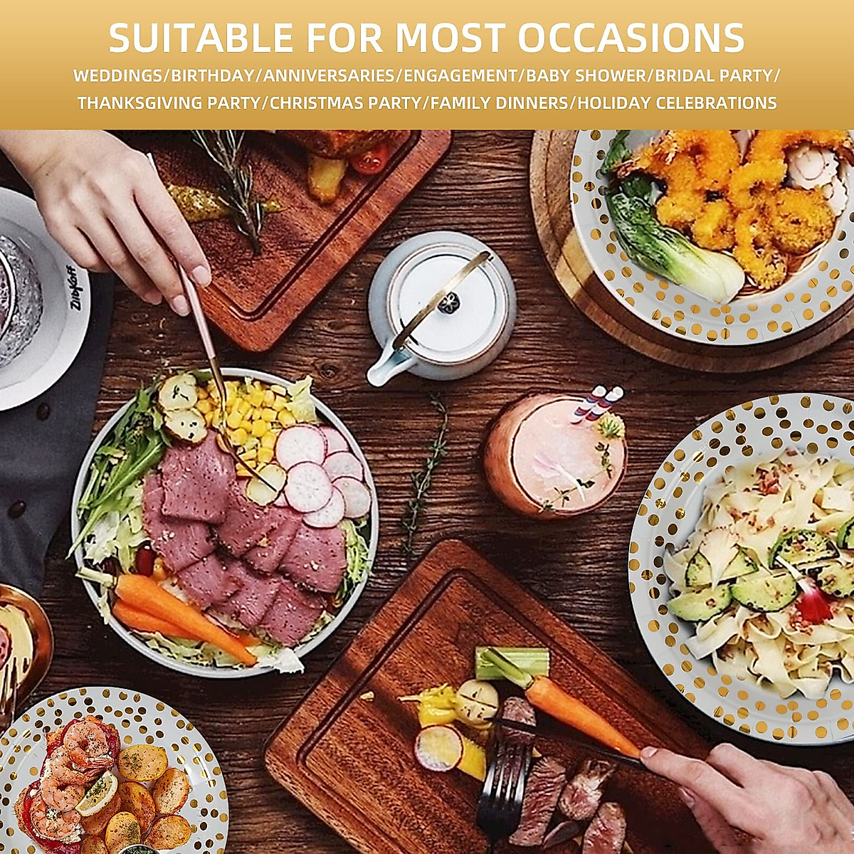 CENLBJ White and Gold Paper Plates,7INCH Gold Dot Dessert Plates,Disposable Party Supplies Suitable for Weddings,Birthdays,Bridal Parties,All Occasions(100 PCS)