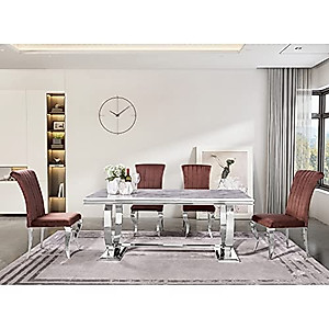 ACEDÉCOR Modern Dining Room Table with Silver Stainless Steel Metal U-Base in Grey Silver