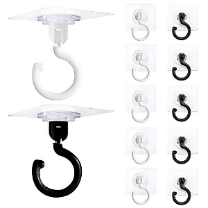 12Pcs Adhesive Ceiling Hooks Heavy Duty No Drill 360° Rotating, Swivel Utility Strong Self Sticker Wall Hook Sticky Under Cabinet for Hanging Purse Bag Small Plant Hanger, 3Inch Waterproof, BlackWhite