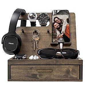 EcoLeafy Dot Nightstand Organizer- Rustic Valet Tray for Men Makes Perfect Gifts for Fathers Day- Unique Birthday Gifts for Men To Organize His Bedside Table for Cellphone, Watch & Accessories