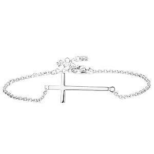 Sllaiss 925 Sterling Silver Sideways Cross Bracelet for Women Religious Chain Bracelet Christian Faith White Gold Plated Adjustable (Silver)