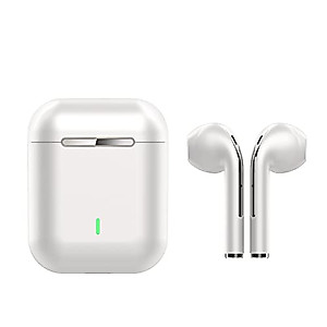 One-Touch On/Off Bluetooth 5.0 Stereo Earbuds 4 Hours Talking or Playtime Deep Bass Crystal-Clear Calls Headset with Charging Case for iPhone & Android Phone, White, J18