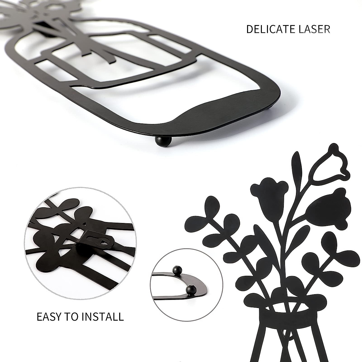 Set of 3 Metal Vase Flowers Wall Art Metal Flower Minimalism Metal Flower Wall Art Decor Hanging for Home Bedroom Bathroom Kitchen Garden Outdoor and Indoor Housewarming Gift(Black)