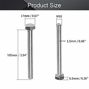 MroMax 2Pcs M10 x 100mm Hex Head Screws Bolts, 304 Stainless Steel 18-8, Fully Threaded, External Hex Drive, for Mounting Chair, Handles, Rail, Pump, Wheels, Antenna Parts, Boat and Plastic Bumpers
