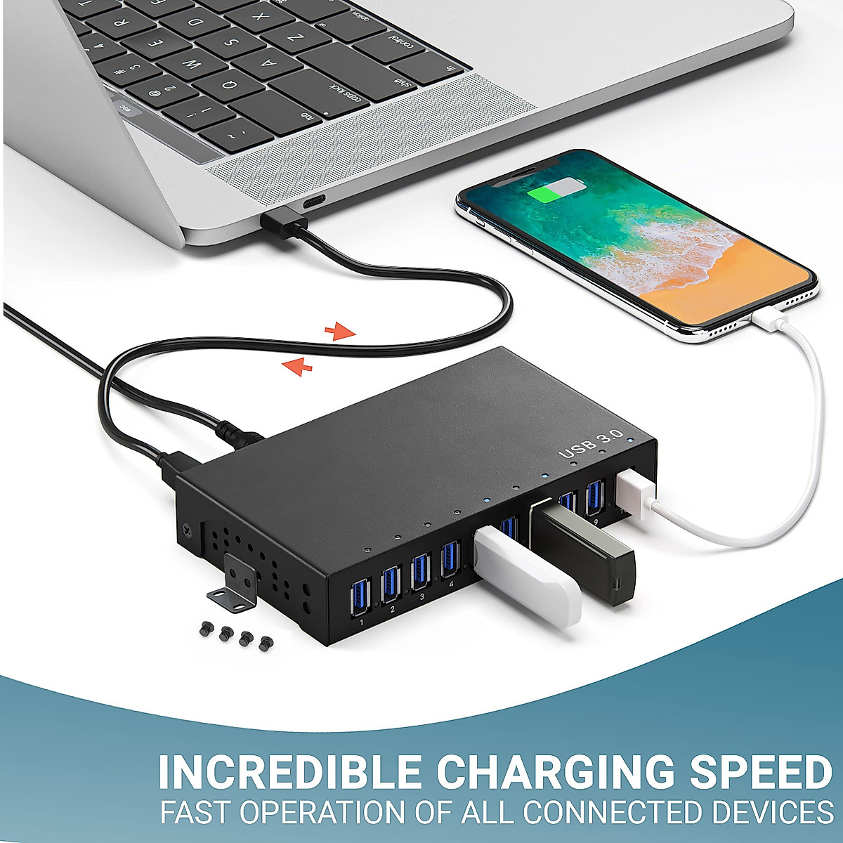 USB 10 Port Hub - Powered USB 3.0 Hub - Aluminum USB Data HUB Splitter 12V 5A 60W Power Adapter Extension for Mouse, Keyboard, HDD or More USB Devices