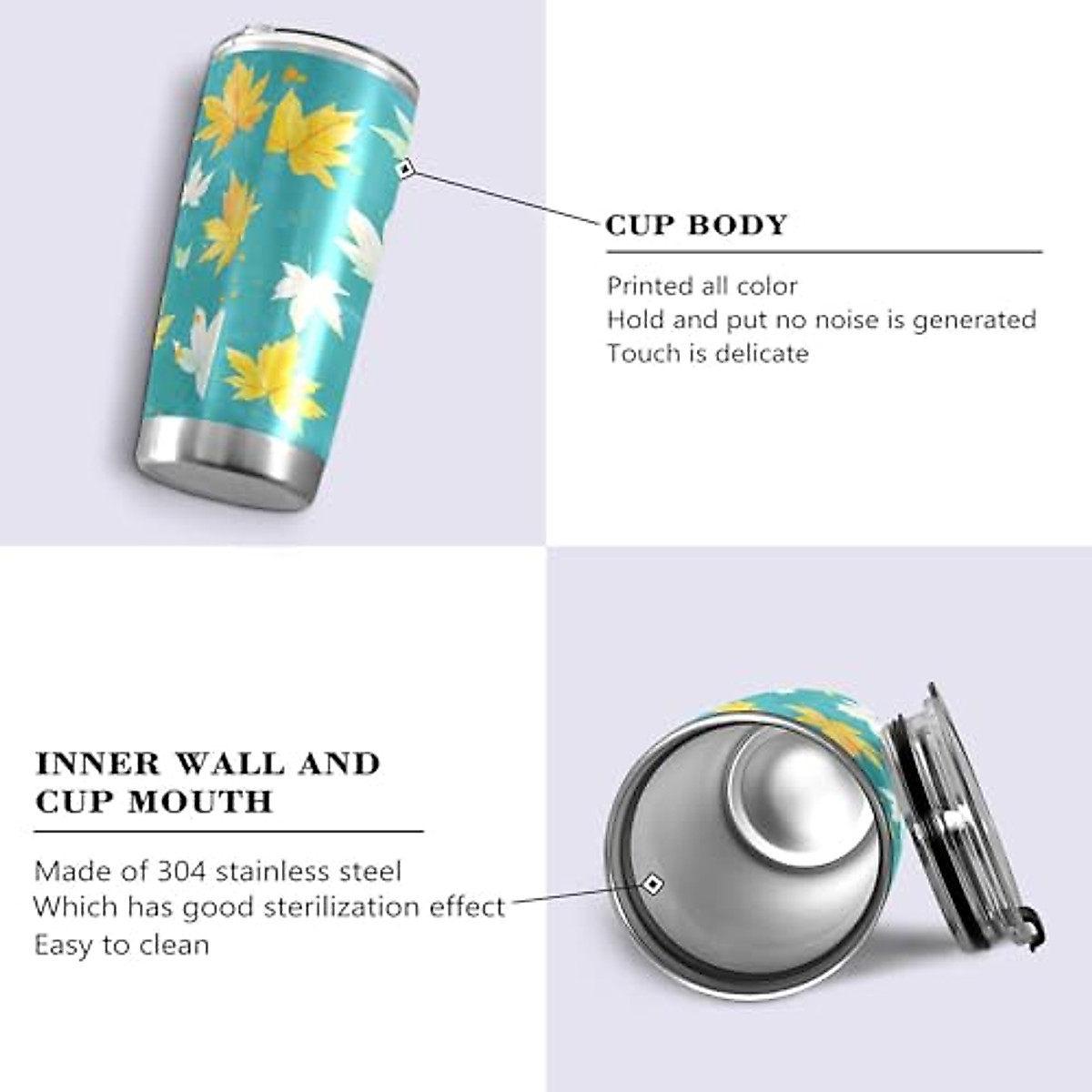 Watercolor White Yellow Maple Leaves Turquoise Stainless Steel reusable coffee cups with lids with Straw Lid coffee mug spill proof for travel simply modern insulated tumbler with lid termos