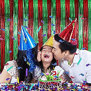 Sumind 3 Pack Metallic Tinsel Curtains, Foil Fringe Shimmer Curtain Door Window Decoration for Birthday Wedding Party (Red with Green)