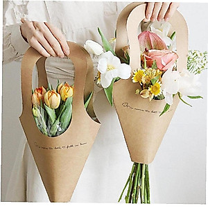 Pinicecore 5pcs Handle Kraft Paper Flower Bags Flowers Wrapping Gift Flower Packaging Home Decoration