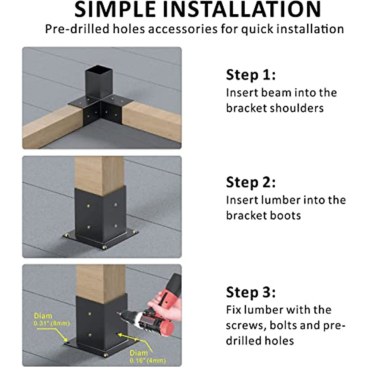 Etrifatry Pergola Bracket Kit, 4 x 4 inches Woodwork Pergola Kit with Black Powder Coated Steel Brackets, Modular Sizing Pergola Brackets Boot, Shoulder and Lag Bolts for DIY Elevated Wood Stand Kit