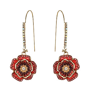 BriLove Fashion Elegant Rhinestone Enamel Rose Flower Hook Dangle Earrigns for Women Ruby Color Gold-Toned