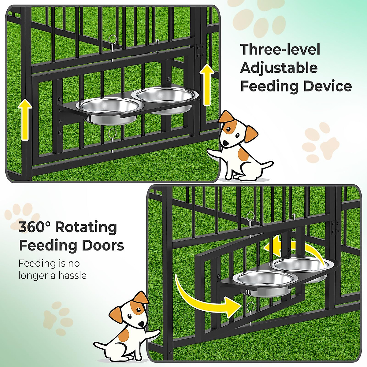 Lyromix Dog Kennel Outdoor with Waterproof Roof and Rotating Feeding Doors, Outdoor Dog Kennel Playpen Crate with Secure Lock and Bowls, Large Heavy Duty Welded Wire Dogs Run Enclosure, 6.6'×3.9'×5.9'