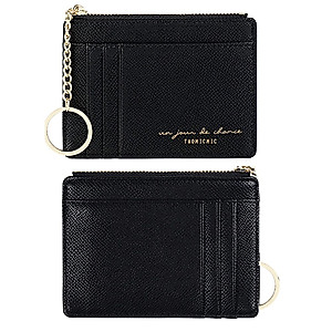 Prometheism Women Slim Leather Card Case Holder Small Wallet Cute Coin Purse Girl Mini Wallet with Keychain (Black)