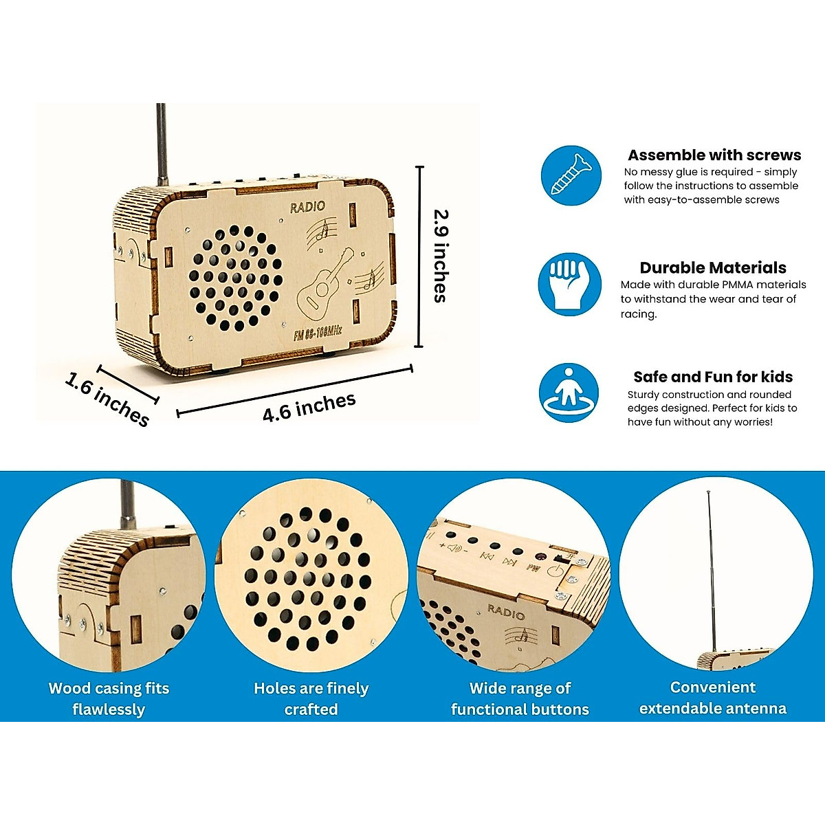 Pica Toys Wooden FM Radio Kit FM 88-108MHz - Science Experiment and Educational Project STEM Kit