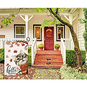 Fall Cat Garden Flag 12x18 Vertical Double Sided Hello Autumn Maple Leaves Thanksgiving Outside Decorations Burlap Yard Flag BW197