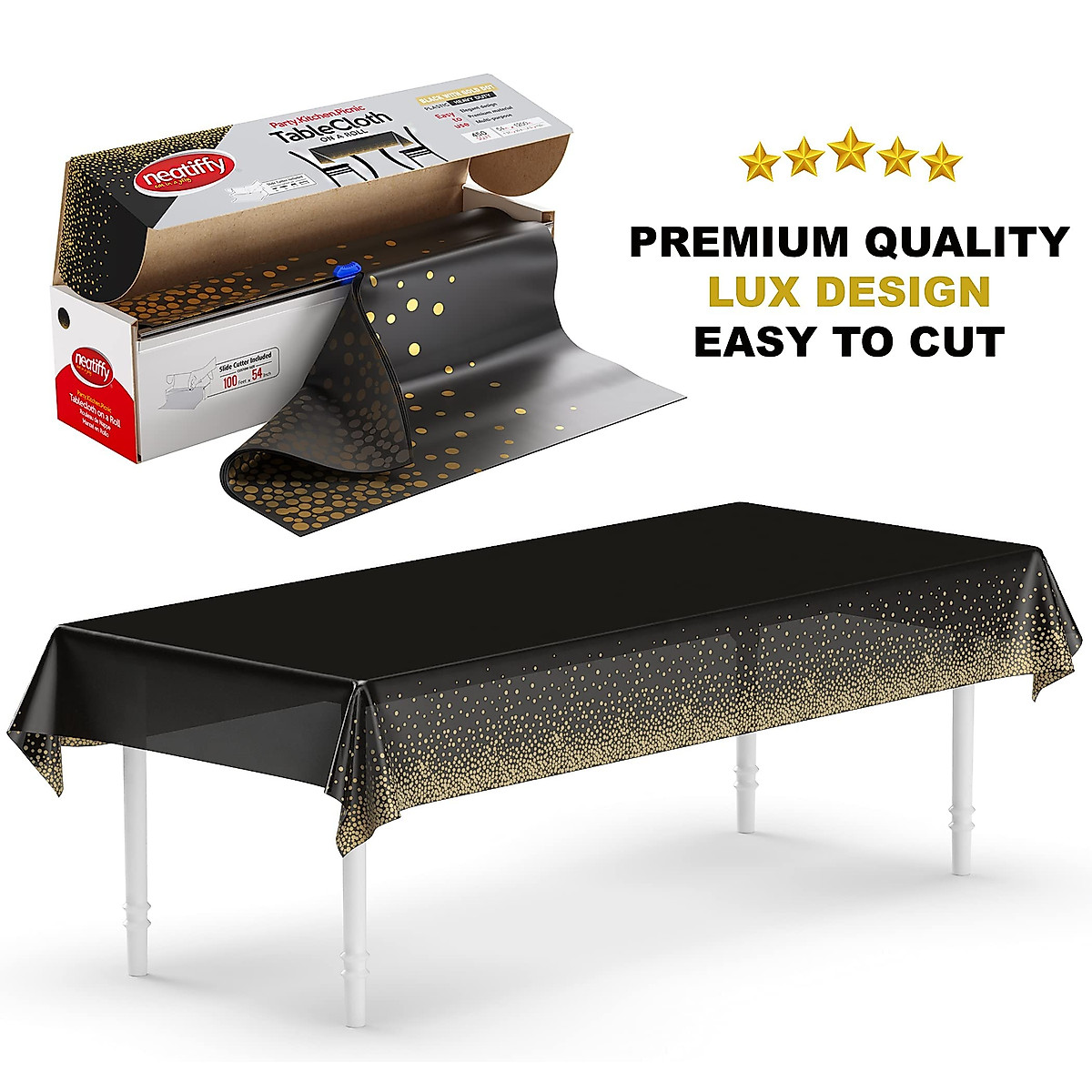 Neatiffy 54 in x 100 Ft - Disposable Plastic Table Cloth Roll with Slide Cutter | Waterproof Cover for Rectangle, Square, Oval Tables | Picnic, Party, Banquet, Birthdays, Weddings - Black Golden Dot