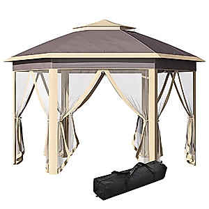 Outsunny 11' x 13' Pop Up Gazebo Canopy Tent with Zippered Mesh Sidewalls and Carrying Bag, Event Tent Shelter for Patio Garden Backyard, Beige