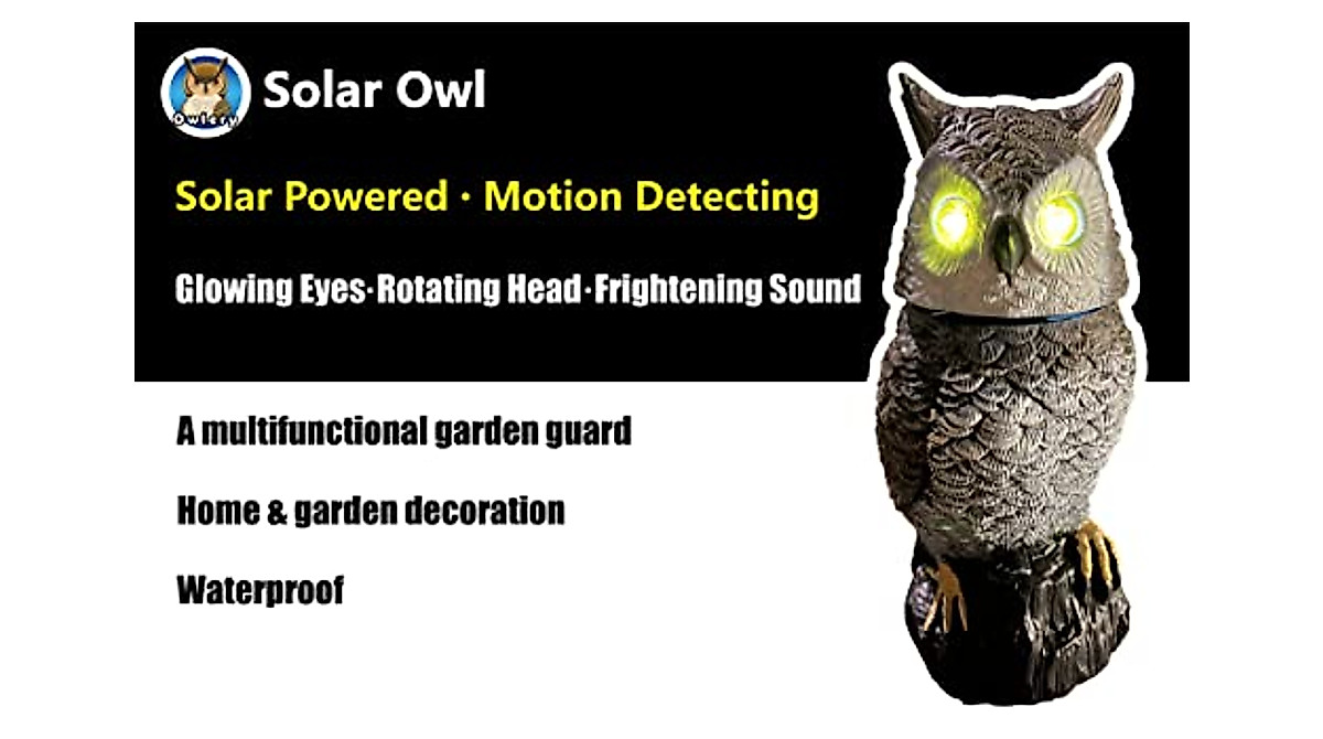 Owlery Solar Owl with Flashing Eyes & Rotating Head - Garden Decor