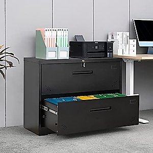 Yone jx je 2 Drawer Lateral Filing Cabinet for Legal/Letter A4 Size, Large Deep Drawers Locked by Keys, Locking Wide File Cabinet for Home Office, Metal Steel (Black)
