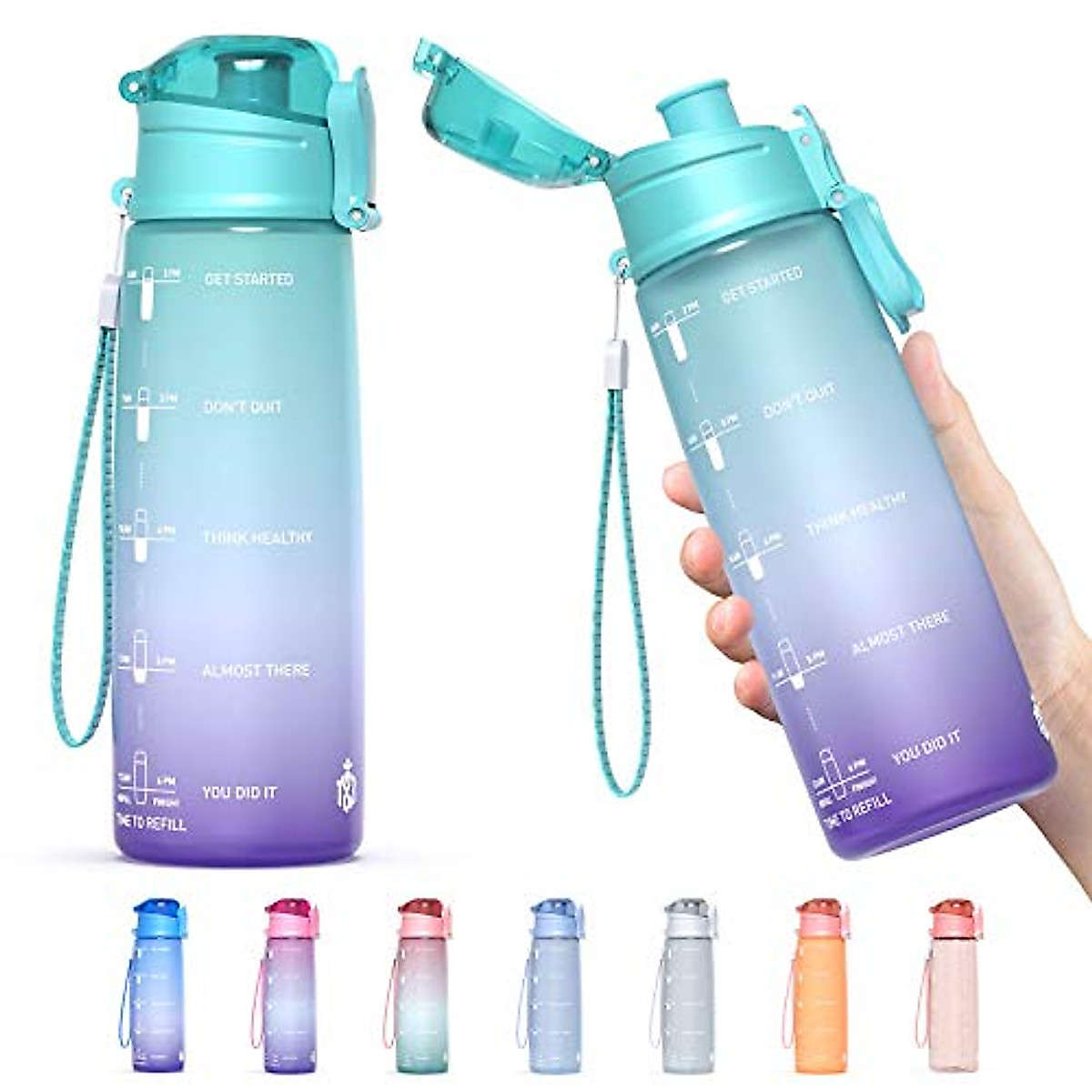 Y&3 32oz Motivational Fitness Sports Water Bottle With Time Marker, BPA Free Tritan Plastic, Leakproof Flip Top, For Gym, Outdoor, Office Work (Green/Purple Gradient, 32oz)