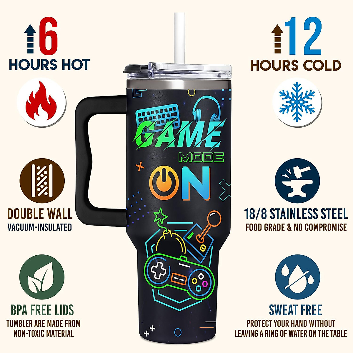 Gamer Gift for Men from Daughter, Son, Kids, Wife - 40oz Game Tumbler With Handle and straw for Father's Day, Christmas, Birthday, Valentines Day - 40 oz Stainless Steel Tumbler for Gaming Men
