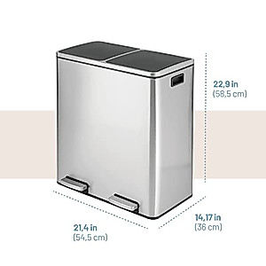 AWENN - Dual Kitchen Garbage Trash Can with Lid and Pedal - Touchless Round Shape Waste Bin - Stainless Steel Dustbin for Kitchen, Bathroom, Office and Outdoors – Black (12.7 Gallon – 48 Liters)