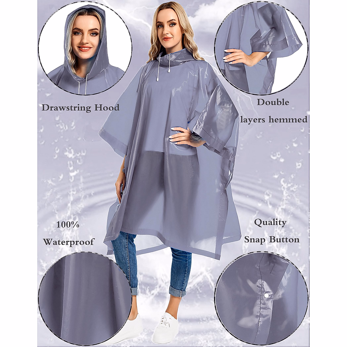 Borogo 2 Pack Rain Ponchos for Adults Reusable - Raincoats Survival Emergency Heavy Duty Rain Coat with Drawstring Hood Grey