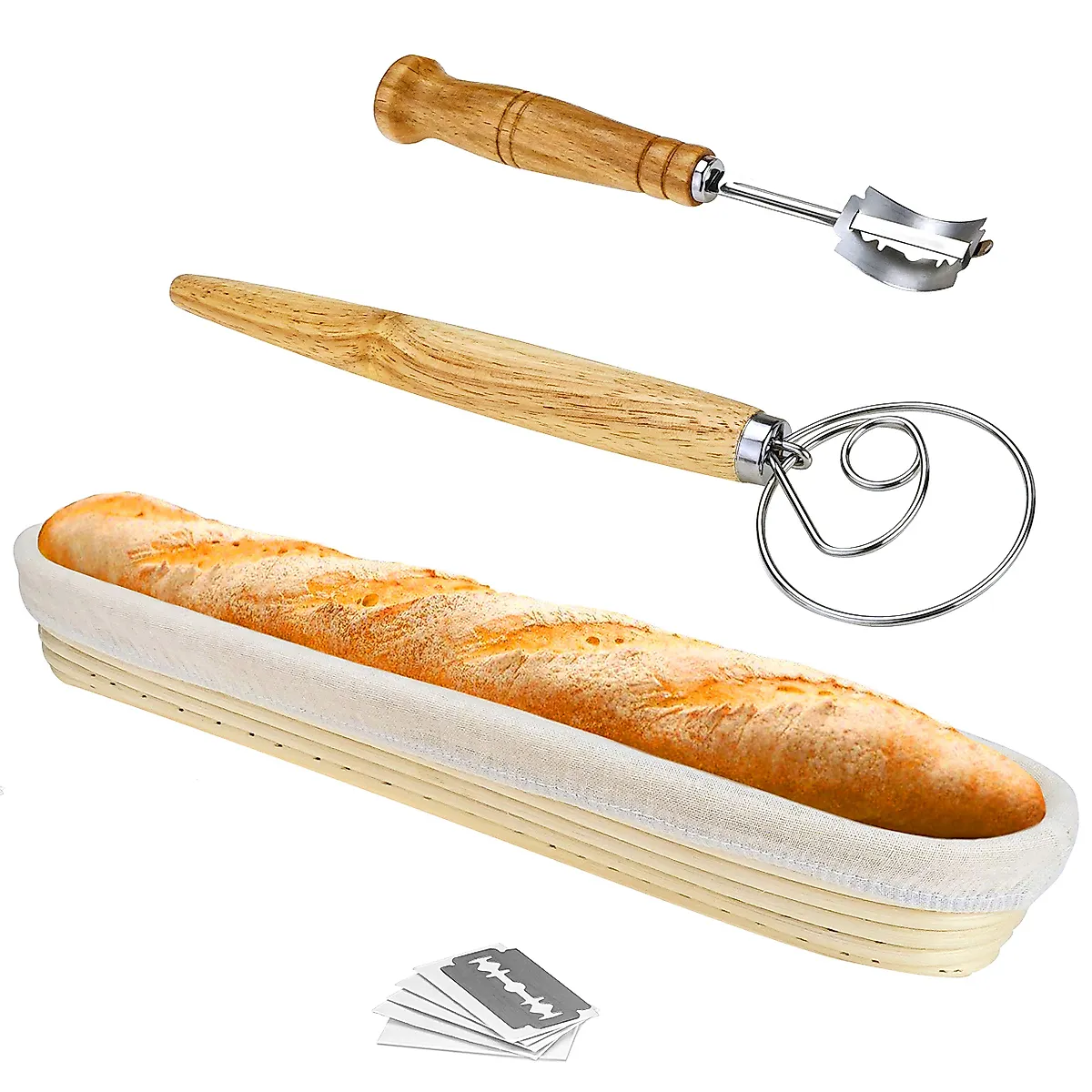 17 Inch Long Baguette Banneton Bread Proofing Basket and Linen Liner Set Premium Sourdough French Proofing Basket with Dough Whisk, Bread Lame and Blades Natural Rattan Bread Fermentation Bowls