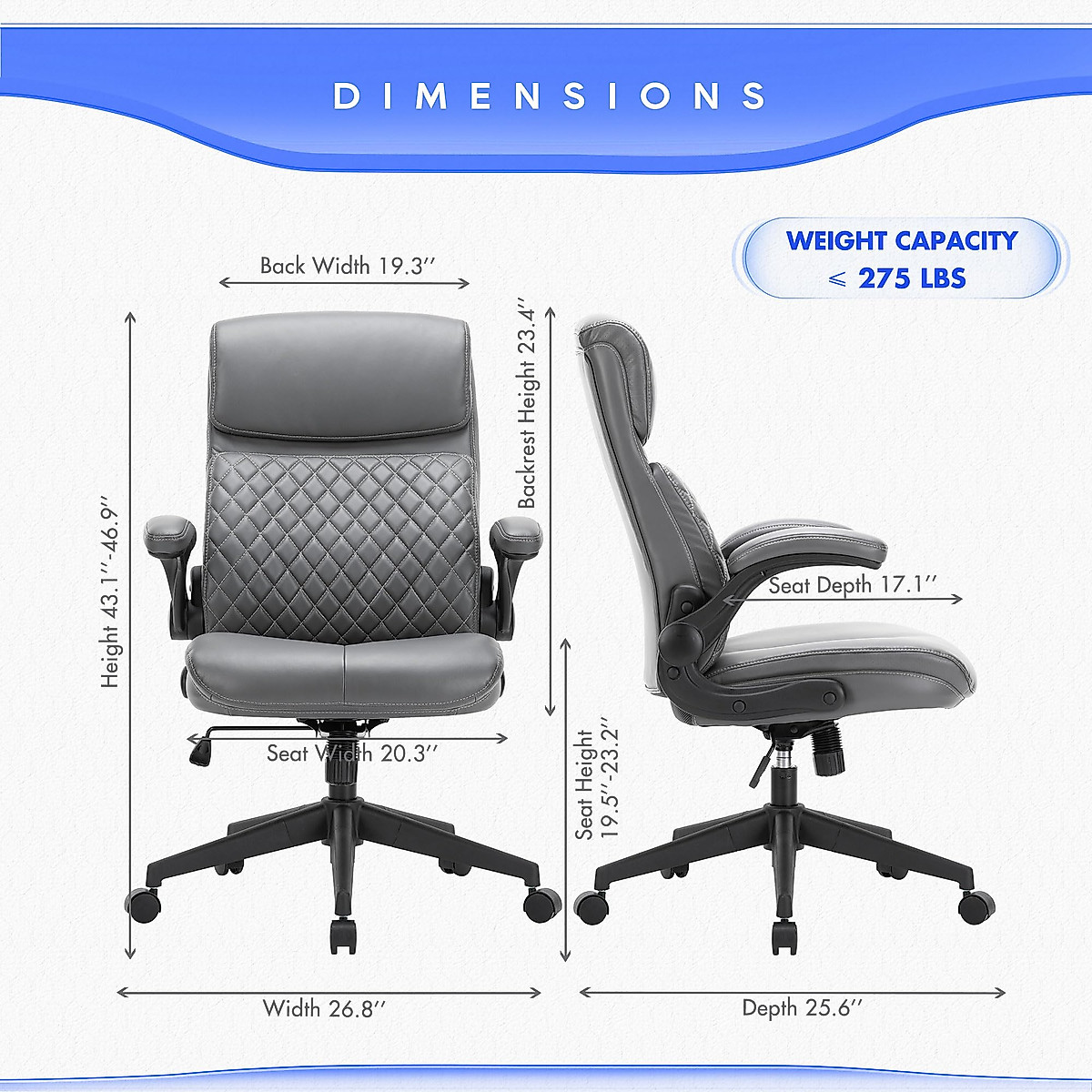 Executive Office Chair, Mid Back Computer Desk Chair with Padded Flip-up Arms, Adjustable Height, Backrest and Rock, Ergonomic Leather Chair Swivel Rolling Chair for Home Office Conference Room-Grey