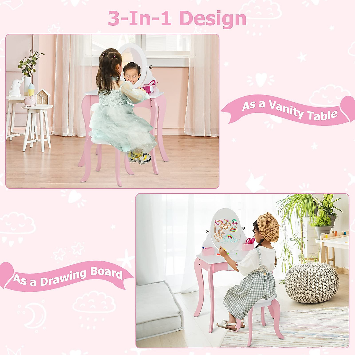 INFANS Kids Vanity with 360° Rotating Mirror and Drawing Board, 2 in 1 Princess Makeup Dressing Table and Stool with Accessories, Drawers, Wooden Play Vanity Set for Little Girls